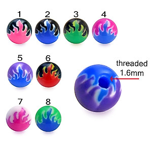 14Gx9/16 (1.6x14MM) 316L Surgical Steel Straight Barbell with 5MM UV Flame Ball Tongue Piercing Rings - 10 Pieces Assorted Color as Show