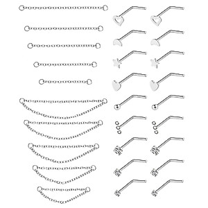 Masedy 20G Stainless Steel Nose Ring Stud Nose Ring Chain Piercing Across Double Nose Stud Heart Ball CZ Nose Studs Nostril Piercing Jewelry SL