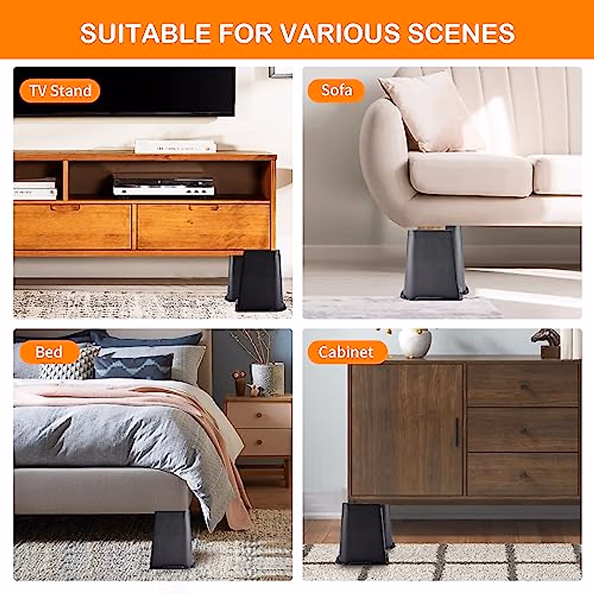 shouwuhho Bed Risers 8 Inch Heavy Duty, Furniture Risers with Durable Plastic, Oversized Bed Lifts Risers Support up to 5,000 LBS for Bed Frame, Tables, Couches, Sofa, 4 Pack, Black