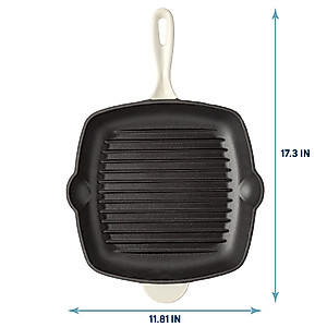 Country Living Enameled Cast Iron Square Griddle Grill Pan with Ridges, Helper Handle and Pouring Spouts for Easy Draining, Indoor Grilling Skillet, 11-Inch, Cream