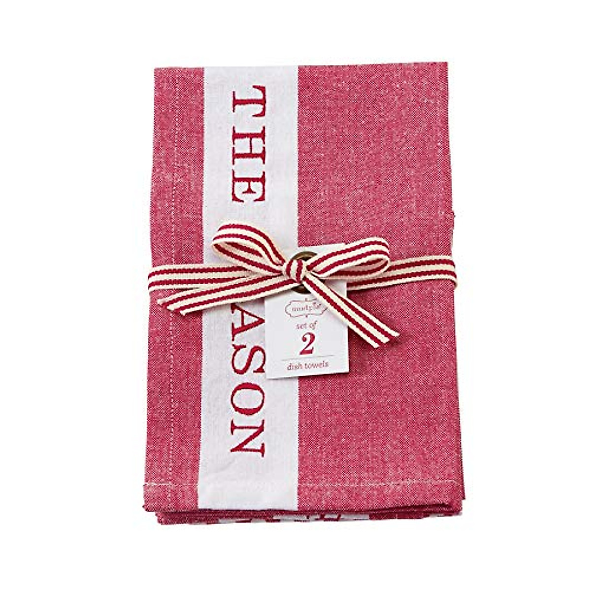 Mud Pie Tis The Season Red White Stripe Christms Dish Kitchen Towel Set of 2, 26" x 18"