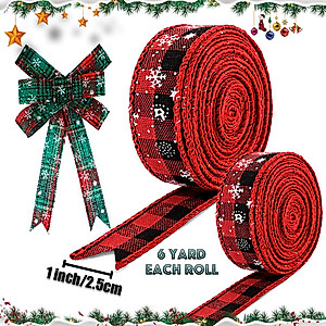 Christmas Ribbon, Ribbon for Christmas Tree, Snowflake Christmas Plaid Ribbon, Christmas Crafts, Home Wrapping Craft Decoration, Ribbons for Crafts, 24 Yards in Total, 6 Yards Each Roll, 1 Inch Width