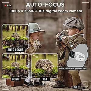 Digital Camera, RUAHETIL Autofocus FHD 1080P 36MP Vlogging Camera for Kids, 16X Zoom 2 Charging Modes Kids Compact Camera Point and Shoot Camera for Kids Teens Students（Dark）