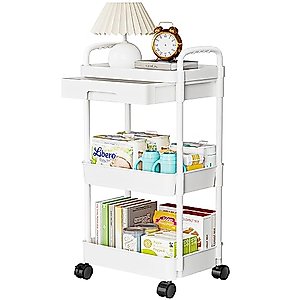 YKLSLH 3-Tier Rolling Cart wiht Drawer, Multifunctional Utility Cart Craft Art Cart Trolley Organizer with Plastic Shelf & Metal Wheels, Storage Cart for Kitchen,Bathroom,Living Room,Office,White
