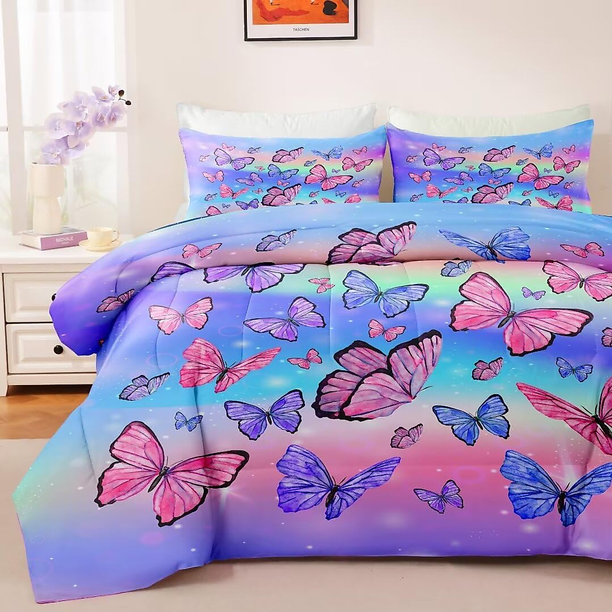 GRAT TIOC Girls Rainbow Butterfly Comforter Set Twin Size,Teen Girls Butterfly Bedding Set,Glitter Butterfly Bed Set Soft Lightweight Microfiber Bedroom Decorations with 2 Pillowcases