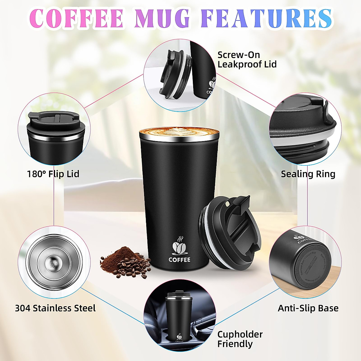 17oz Insulated Travel Coffee Mug with Flip Lid – Leakproof Stainless Steel Insulated Coffee Tumblers, Portable Thermos Cup for Hot & Cold Drinks, Perfect for Camping & On-the-Go