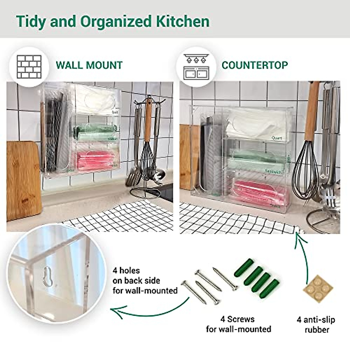 Neatidy Ziplock Bag Storage Organizer – Clear Acrylic Storage Bag Organizer – 4-in-1 Baggie Organizer for Gallon, Snack, Sandwich, Quart Bags – Solid Acrylic Bag Holder for Kitchen Drawer, Counter