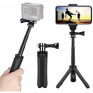 Mini Selfie Stick Tripod Kit 2-in-1, Compatible with GoPro AKASO Insta360 DJI Osmo Action Camera and Smartphones, 1/4 inch Screw Fixed, with 3-Level Telescopic Function Tripod（Black）