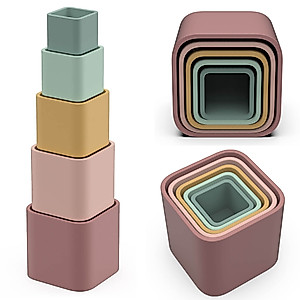 Rosie Bee Silicone Square Stacking Cups Montessori Toy for Kids, Baby Teether Toys, Stacker, Nesting, Sorting Tower - Free of BPA - Gift for Boys Girls - with Bag (Geyser)