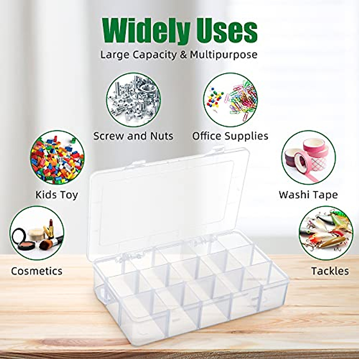 iBune 15 Grids Large Plastic Compartment Container for Washi Tape, Bead Storage Organizer Box Case with Removable Dividers for Jewelry Craft Tackles Tools, Size 11 x 7 x 2.3 in, White¡­