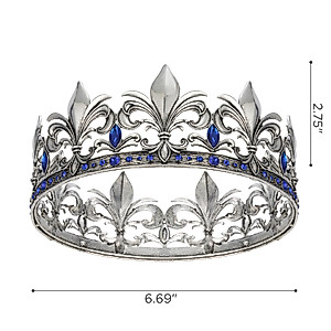 SWEETV Antique Silver King Crown for Men/Women (Unisex), Men's Tiara Prince Diadem, Crystal Medieval Headwear, Royal Costume Hair Accessories for Cosplay Birthday Wedding Halloween, Blue