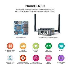 Nanopi R5C Mini WiFi Router OpenWRT with Dual PCIe 2.5Gbps Ethernet M.2 Key E USB Ports 2GB LPDDR4X RAM 32GB eMMC Based in Rockchip RK3568B2 Soc 0.8T NPU for IOT NAS Smart Home Gateway Support Ubuntu