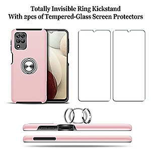 JAME for Samsung Galaxy A12 Case with [2 Pack] Tempered-Glass Screen Protector, Slim Soft Bumper Protective Case for Samsung A12 Case, with Invisible Ring Holder Kickstand for Galaxy A12 Case, Pink
