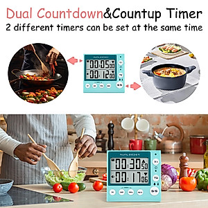 Jayron KT002A 2-Channel Kitchen Timer Magnetic Countdown Timer Clock Temperature and Humidity Meter Digital Minute/Second Timer Desk Clock for Elderly Kids（Blue）