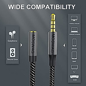 MOSWAG 6.6FT/2Meter 3.5mm Male to Female Extension Cable with Microphone Stereo Audio Adapter Nylon Braided Compatible for Home/Car Stereos Smartphones Headphones Tablets Media Players and More