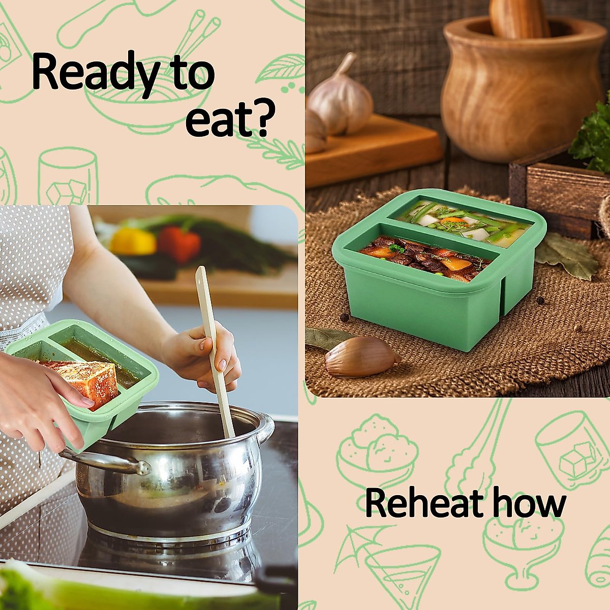 KEVJES Silicone Soup Freezer Cube Container with lid-Easy Meal Prep Container-Leftover Food Storage-Freeze&Store Soup Broth,Sauce,Leftovers-Green-2Pack