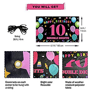 HTDZZI 10th Birthday Decorations for Girl, Happy 10th Birthday Backdrop Banner, Double Digits 10 Year Old Birthday Party Yard Sign Photo Booth Props Poster Decor Supplies, Fabric, 6.1ft x 3.6ft