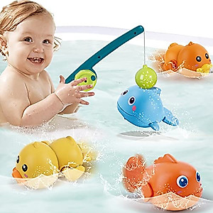DWI Dowellin Bath Toys Magnetic Fishing Games Baby Bath Toys, Wind-up Swimming Fish Duck Whale Toys Floating Pool Bathtub Water Toys for Toddlers Kids Infant Age 18 Months and up Girl Boy