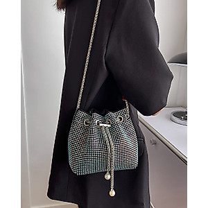 Hyuyikuwol Women Rhinestones Crystal Clutch Drawstring Bucket Bag Mini Evening Bags Crossbody Purses Pearl Party Prom Wedding, Blue