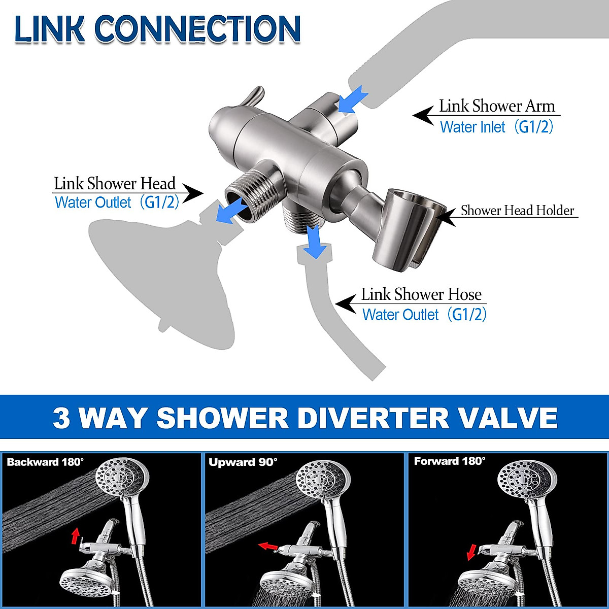 YDmeet Shower Head Holder for Handheld and 3-Way Shower Diverter Valve with Rotation Handheld Mount, All Metal Brass, Brushed Nickel