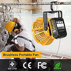 Portable Camping Fan with 9W LED Lantern, Powered by Dewalt 20V Li-ion Battery, Battery Operated Fan Ceiling Tent Fan with Hook, 180°Head Rotation Outdoor Rechargeable Fan for Hiking, Fishing, Travel