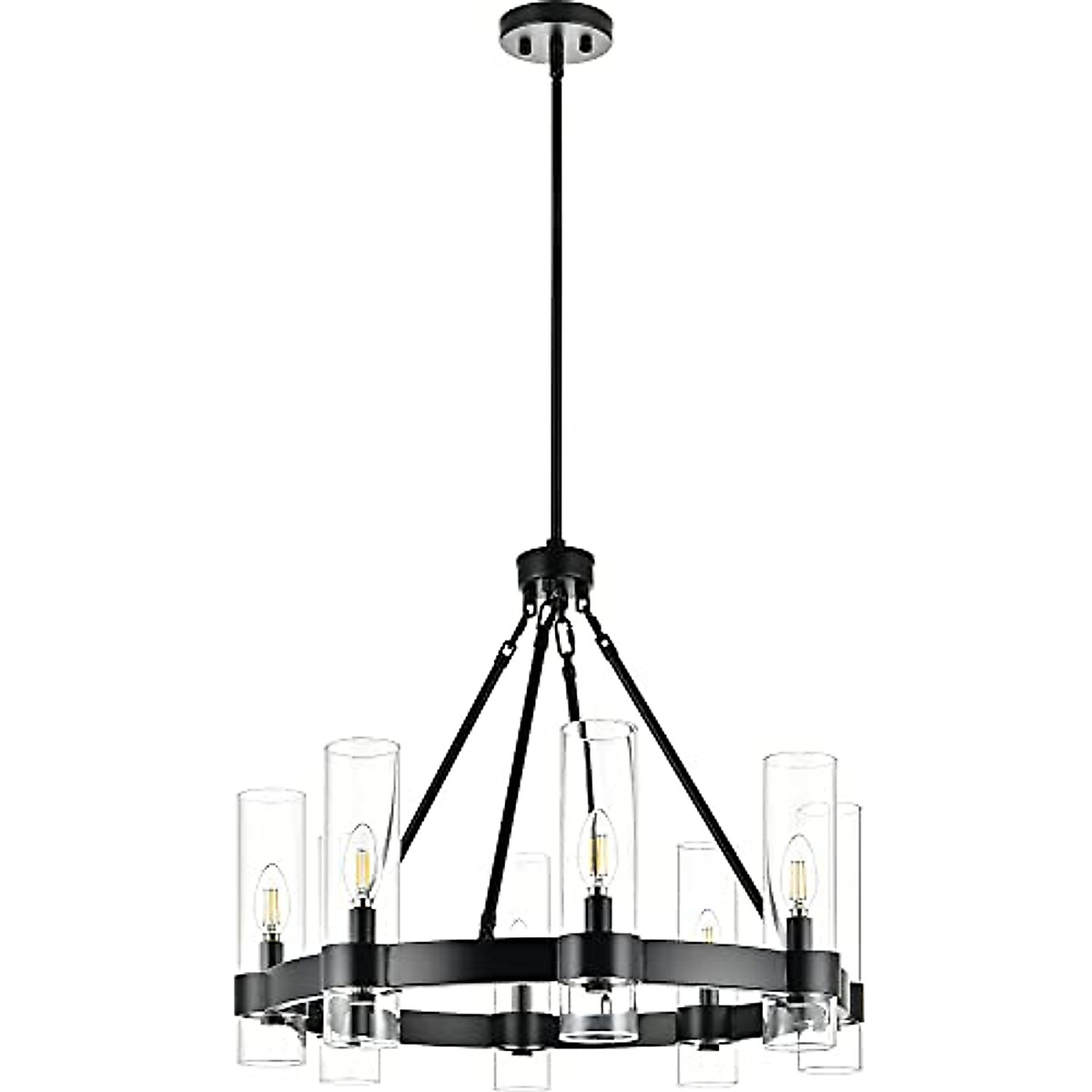 Linea di Liara Teramo Matte Black Chandelier Dining Room Light Fixture Small Wagon Wheel Chandelier Round Industrial Modern Farmhouse Chandeliers for Dining Room Foyer, Clear Glass, UL Listed