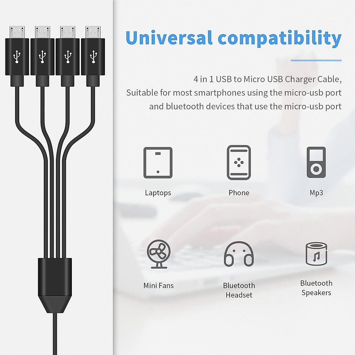 Vrllinking USB A to USB Micro Charging Cable, 4 in 1 Multi Charger Cable Micro USB Splitter Cable 4 Ports Micro USB 2.0 Male to Male Charging Cord 4 Connectors(Black 0.5M)