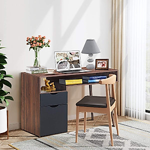 Tangkula Computer Desk with Drawers, Multipurpose Home Office Desk Writing Desk with Spacious Desktop & Storage Shelf, Computer Table Workstation, Desk for Bedroom Home Office (Brown)