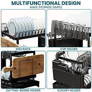 TAILI Dish Drying Rack for Kitchen Counter with Drainboard, Large 2 Tier Dish Rack and Drainboard Set with Cutlery Holder, Cup Holder & Utensil Holder, Rustproof Sink Dish Drying Rack