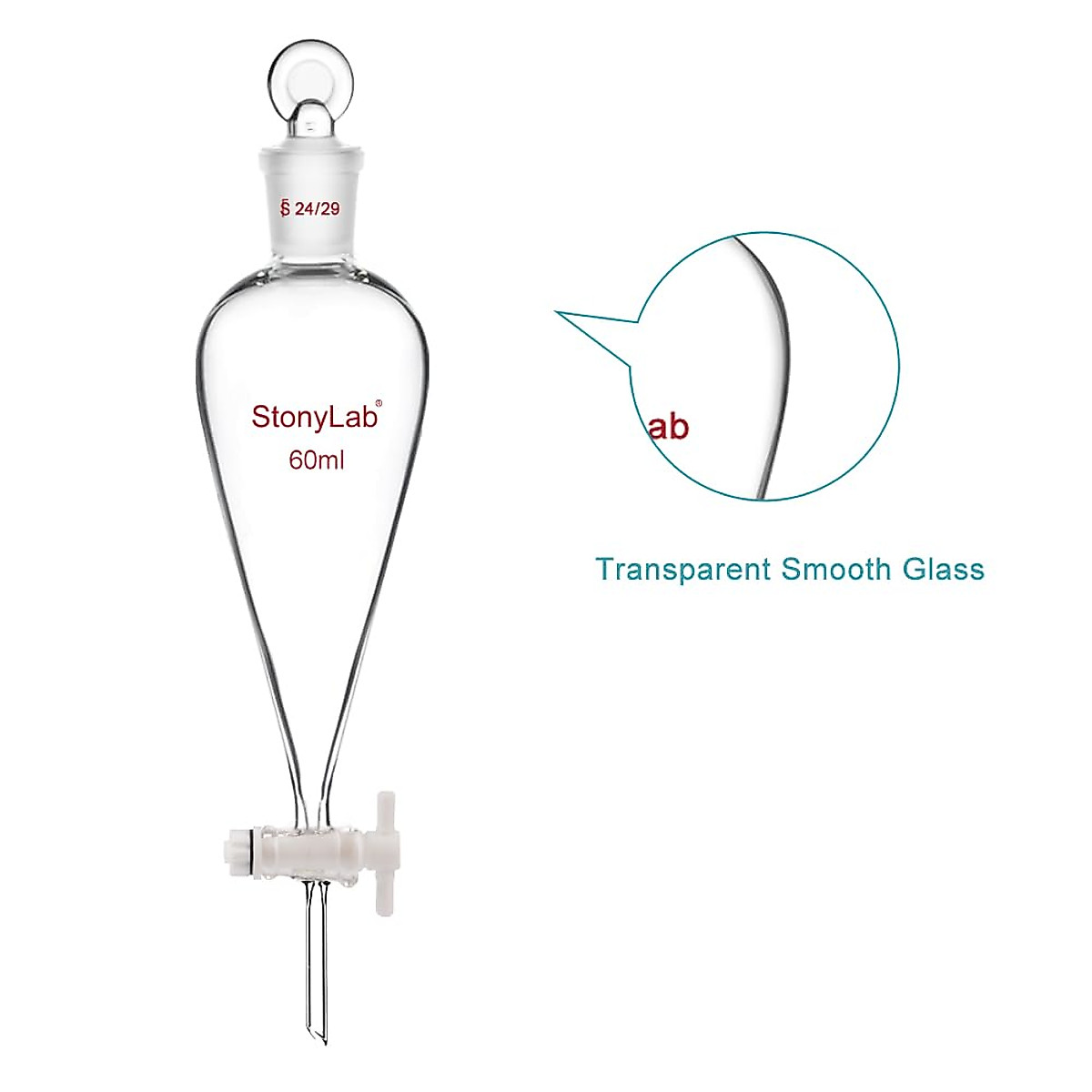 StonyLab PTFE Stopcock Separatory Funnel 60ml, Borosilicate Glass Heavy Wall Conical Pear-Shaped Separatory Funnel Separation Funnel with 24/29 Joint