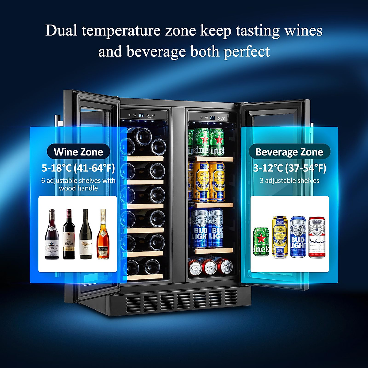 BODEGACOOLER 24 Inch Wine and Beverage Refrigerator, Dual Zone Wine Cooler Refrigerator, Wine and Beer Refrigerator Under Counter Cooling With Compressor,Hold 21 Bottles and 57 Cans [Black]