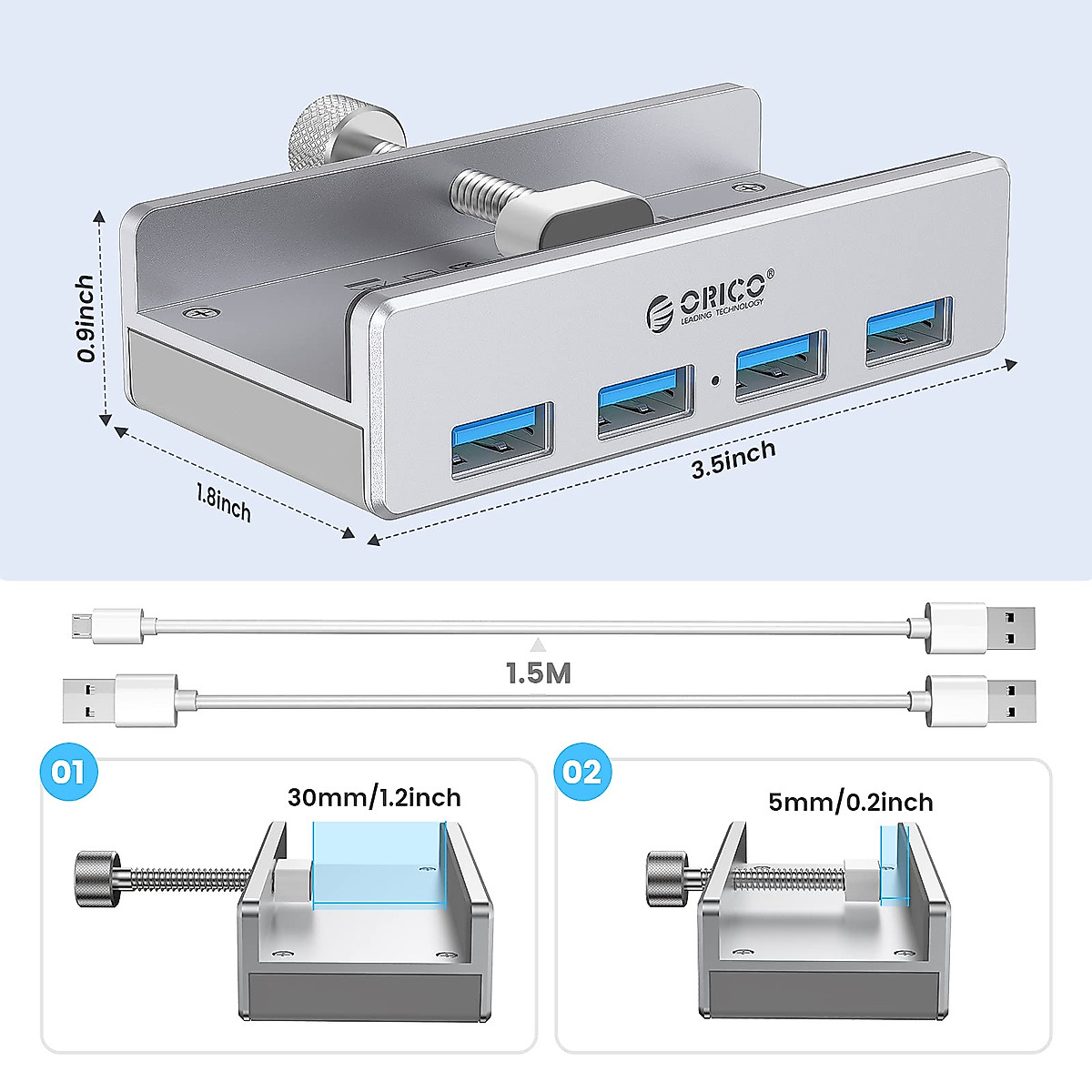 ORICO USB 3.0 Hub, USB Hub Clamp, Aluminum 4-Port USB Splitter with Extra Power Supply Port and 4.92 FT USB A to USB A and USB A to USB C Cable, Desktop Powered USB Hub for Monitors/Desks-Silver