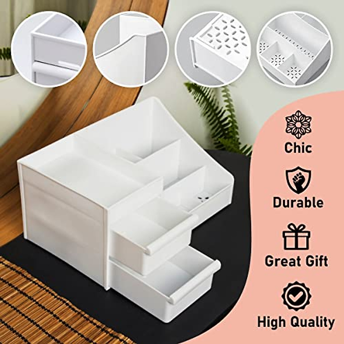 Peachic White Makeup Organizer With Drawers – Countertop Organizer for Cosmetics – Vanity Storage for Skincare, Lashes, Brushes, Nail Polish, Lotions, Lipstick, Makeup
