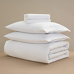 H by Frette Checkered Sateen Junior Suite Bed Bundle (California King) - Luxury All-White Bedding Bundle/Includes Pillowcases, Top Sheet, Fitted Sheet, and Duvet Cover