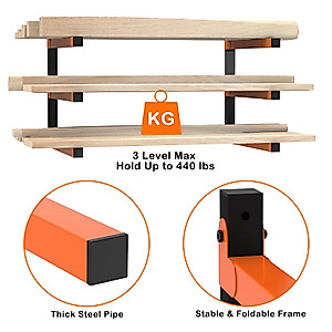 smusei 4 Pack Lumber Storage Rack 3 Level Wall Mount Wood Rack Organizer Overhead Lumber Wood Storage Metal Rack for Garage Shop Indoor Outdoor