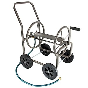Liberty Garden 890 4 Wheel 200 Foot Capacity Lightweight Powder Coated Steel Frame Water Hose Reel Cart for Backyard, Garden, or Home, Silver