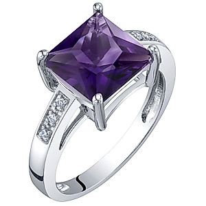 PEORA Amethyst and Diamond Designer Solitaire Ring for Women 14K White Gold, Genuine Gemstone Birthstone, 2 Carats Princess Cut 8mm, Size 9