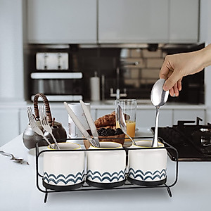 JUXYES Set of 3 Ceramic Flatware Holder for Countertop, Desktop Silverware Organizer Utensil Holder With Black Metal Rack, Flatware Caddy Cutlery Holder Silverware Organizer for Kitchen Dining Tables