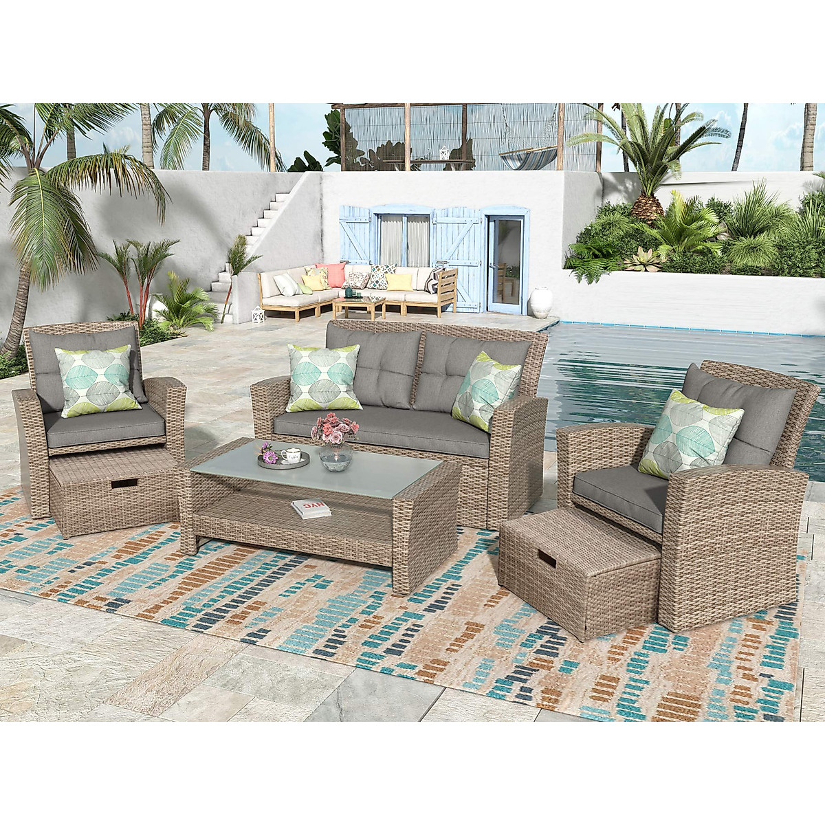 Merax Gray 4 Piece Outdoor Conversation Rattan Wicker Furniture Sectional Sofa Set with Ottoman Cushions