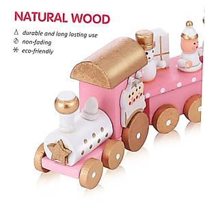 NUOBESTY Christmas Wooden Train Ornament with Snowman and Bear Mini Train Rail Toy Set for Kids Christmas Party Kindergarten Decoration, Pink