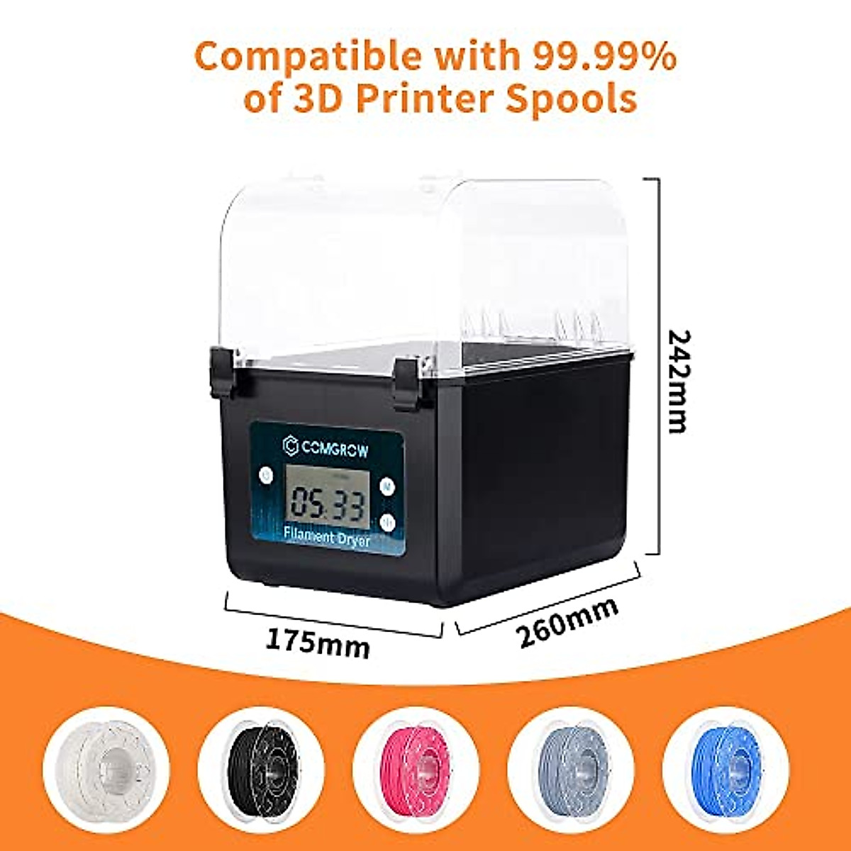 Comgrow Filament Dryer, Upgraded Filament Dry Box, Large-Capacity 3D Filament Dehydrator for 2KG Filament, Compatible with 1.75mm, 2.85mm Filament and PLA PETG TPU ABS Material