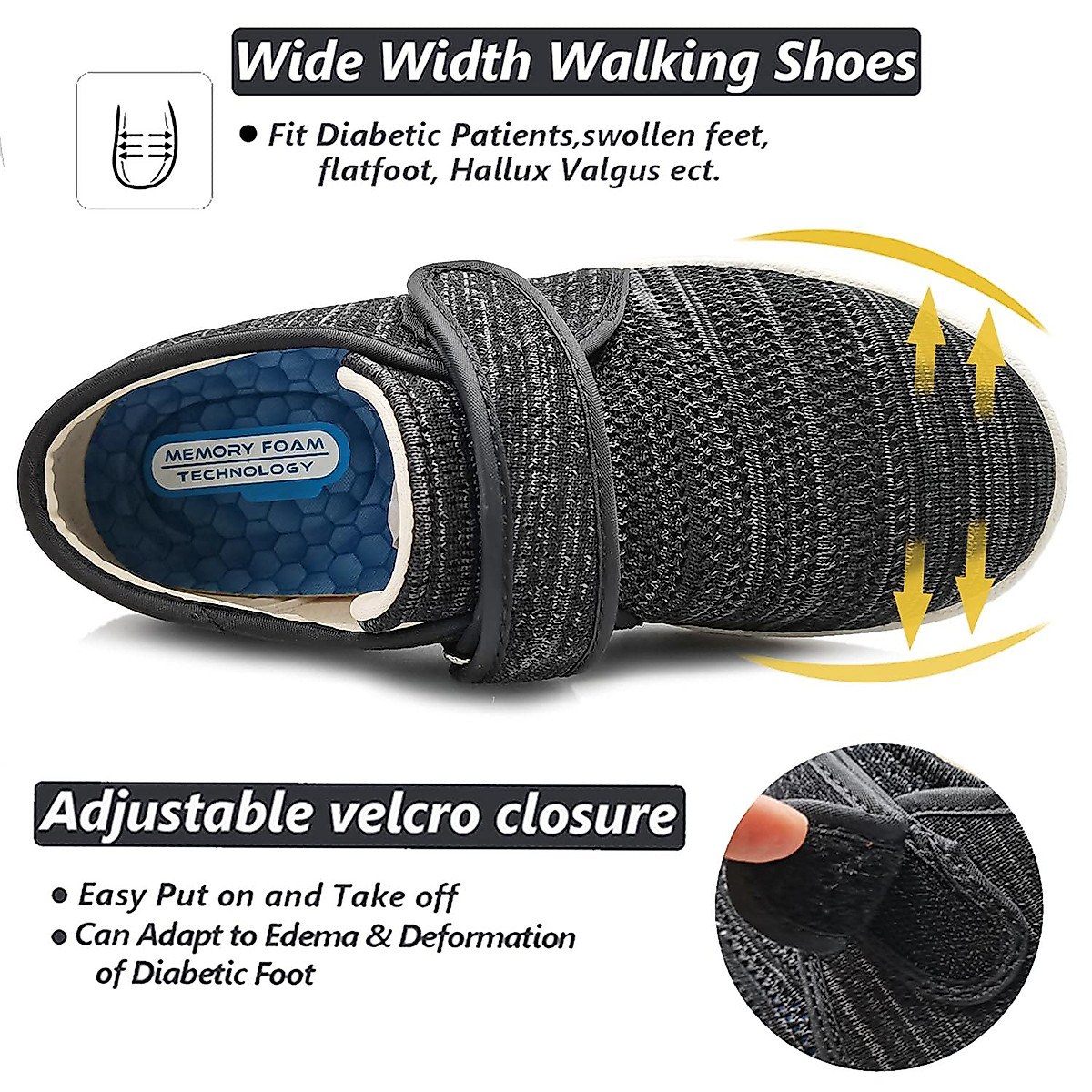 W&Le-Slippers Women's Wide Width Walking Shoes with Adjustable Closures, Air Cushion Breathable Mesh Sneakers for Elderly Diabetic Edema Swollen Feet(BK-GY,7) Black-Grey
