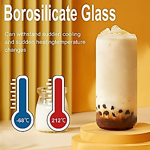 8 Pack 20oz Drinking Glasses Iced Coffee Cups Glass Beer Cups Tumbler Glass with Bamboo Lids and Straws Glasses Cups Can Shaped Glass Gups Large Drinking Can Cups for Smoothies Boba Juice Soda Tea