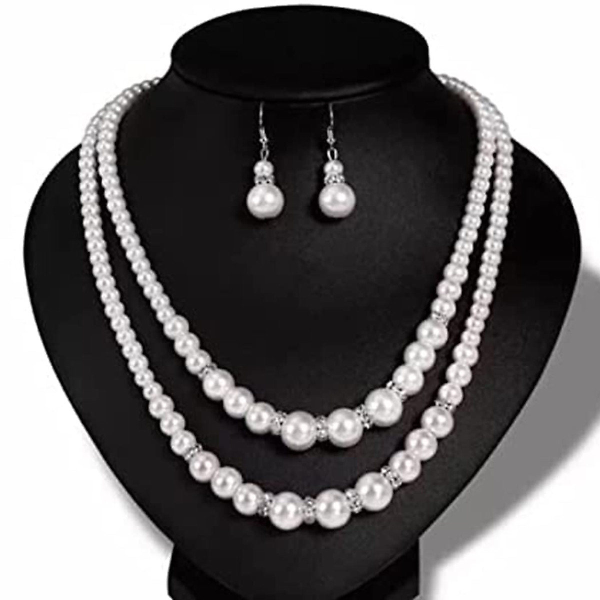 Unicra 1920s Gatsby Pearl Jewelry Set Vintage Crystal Bride Necklace Earrings Set Silver Pearl Multilayer Bridal Necklace Jewelry Accessories for Women and Brides