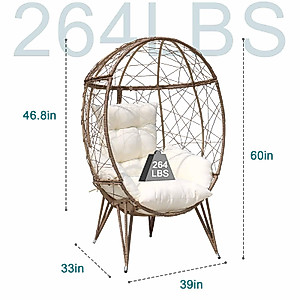 FKSLIFE Wicker Egg Chair with Stand Cushion Outdoor Indoor Lounger Egg Basket Chair for Living Room, Backyard, Balcony, Patio (Beige)