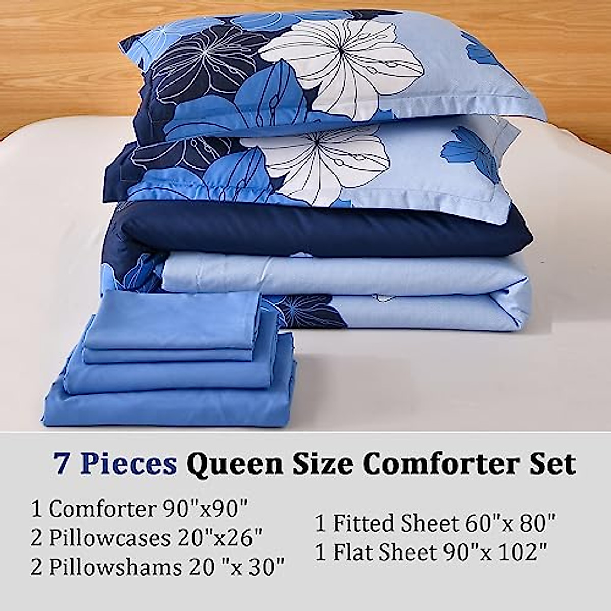 Floral Comforter Set Queen Blue Flower Comforter Set 7 Pieces Bed in a Bag Soft Microfiber Bedding Comforter with Sheets Spring Summer Bed Comforter Set (7pcs,White and Blue Floral Comforter Set)