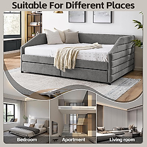 JEEOHEY Queen Size Daybed with Storage, Modern Upholstered Linen Sofa Bed with 2 Pull-Out Drawers for Apartment Living Room Guest Room, Solid Wood Trundle Day Bed Frame, No Box Spring Needed, Grey