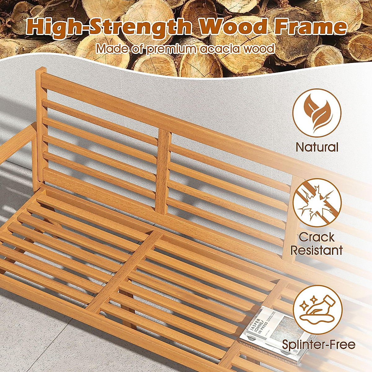 RELAX4LIFE 64’’ Outdoor Bench Acacia Wood - 3-Seat Patio Bench w/Slatted Backrest, Armrests & Seat Cushion, Extra Long Front Porch Bench for Park Poolside Yard, 1200LBS Capacity, 3-Person Garden Bench