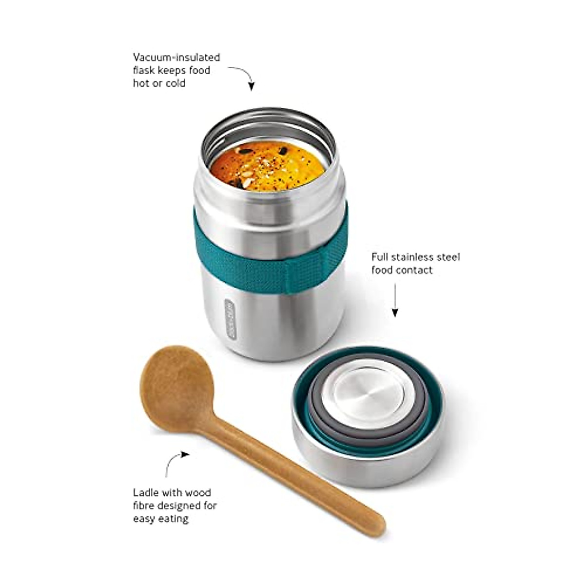 BLACK + BLUM Vacuum Food Flask Leak Proof Insulated Stainless-Steel Lunch Container with Ladle Spoon Ideal for Hot and Cold Food, 400 ml / 13.5 fl oz, Ocean
