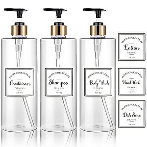3 Pieces Pump Bottle Set, 25 oz Shampoo and Conditioner Dispenser, Plastic Refillable Soap Dispenser with 6 Label Sticker for Bathroom Lotion Body Wash(Black and Gold)